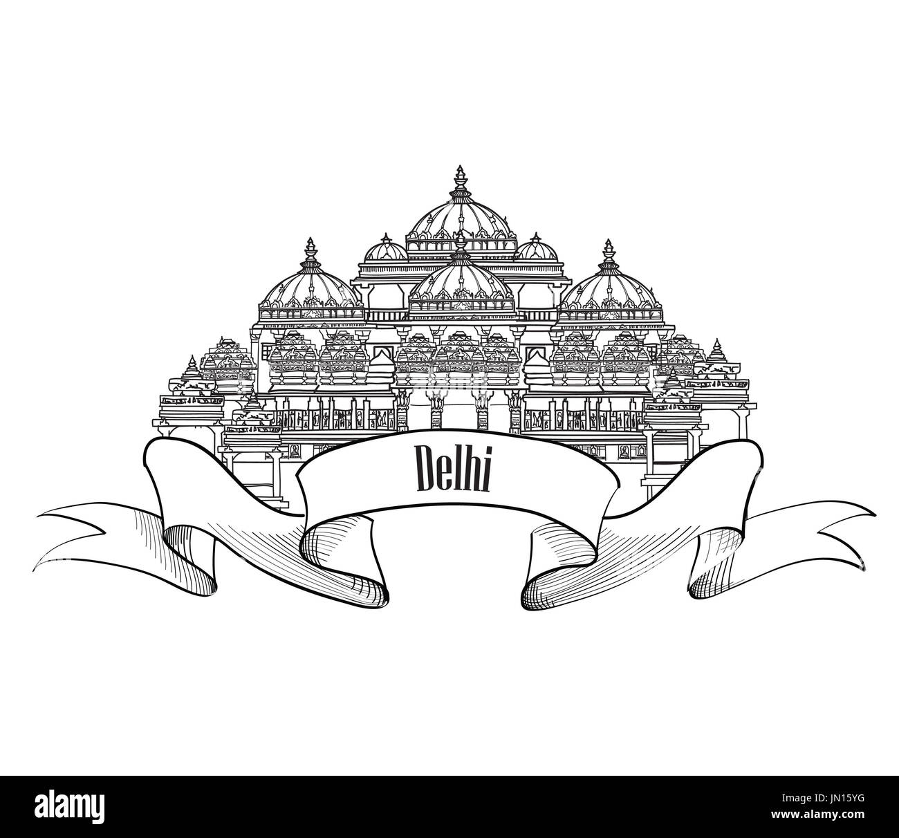 Delhi travel label. Indian Landmark symbol. Akshardham, Delhi, India ...