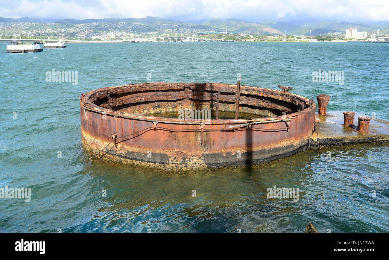 Exposed Base of Gun Turret No. 3 of the submerged Battleship USS ...