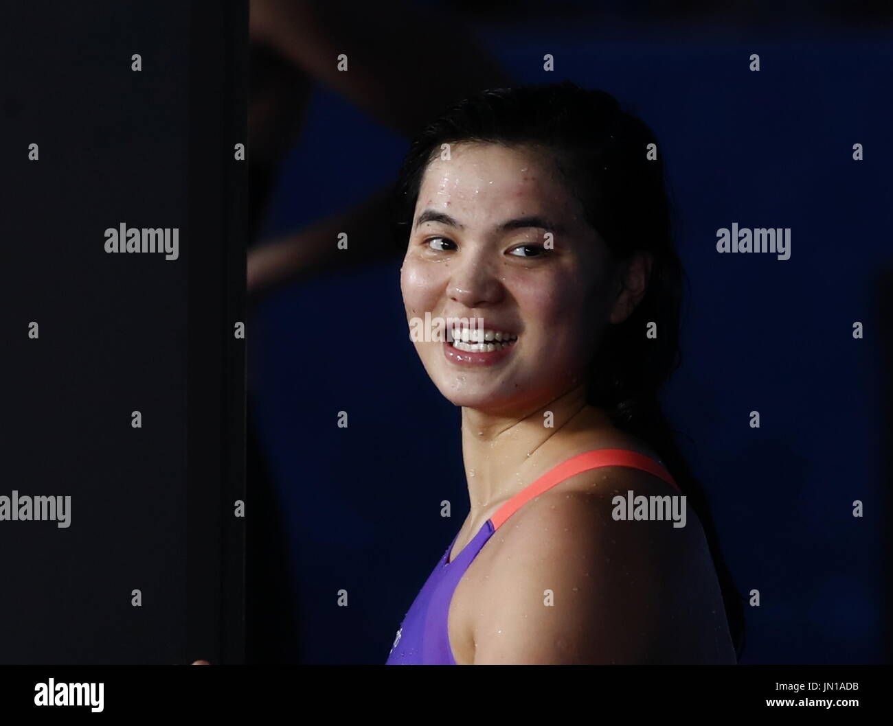 Budapest. 28th July, 2017. China's Shi Jinglin reacts after the women's ...