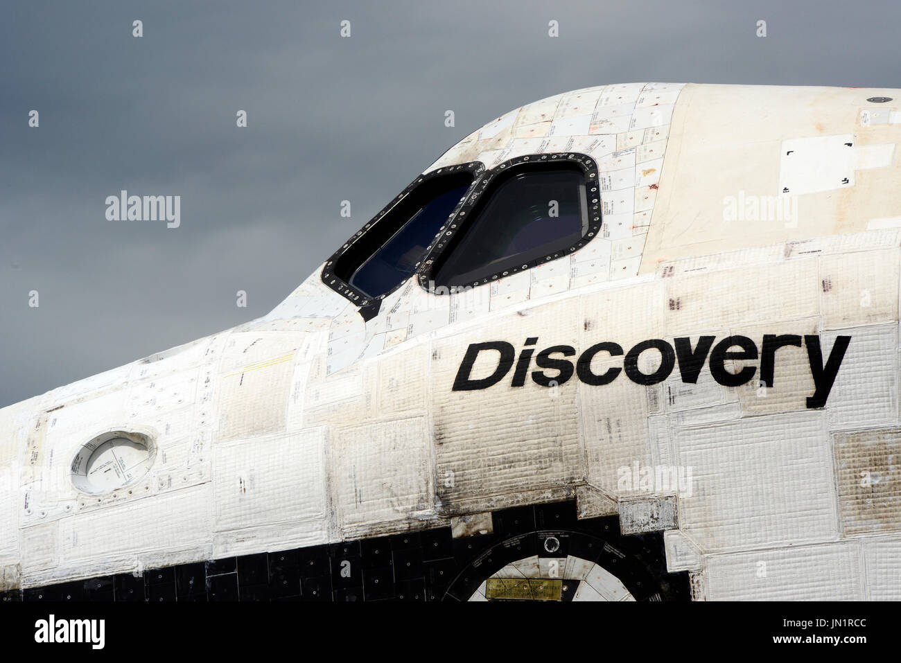 Detail of the cockpit area of the Space Shuttle Discovery as it sits ...
