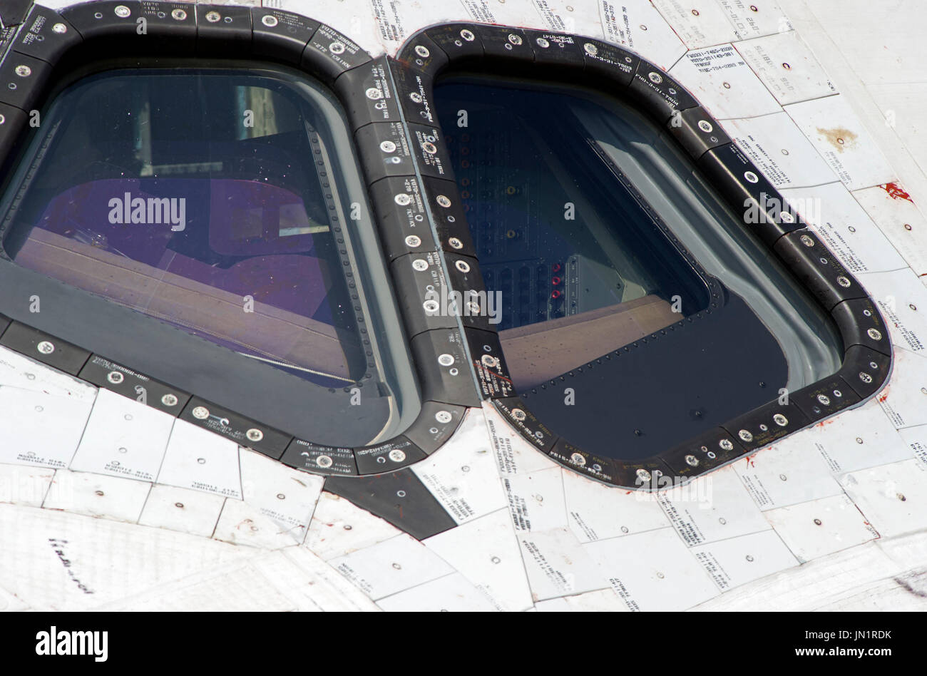 Close-up of the Space Shuttle Discovery's cockpit windows during the ...