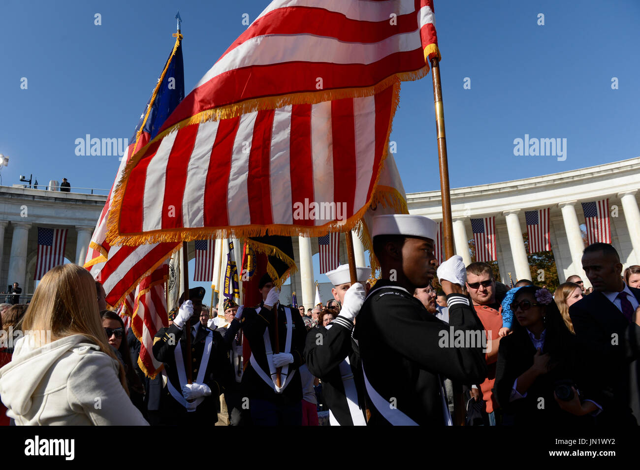 Flag bearers enter the amphitheater before US President Barack Obama ...