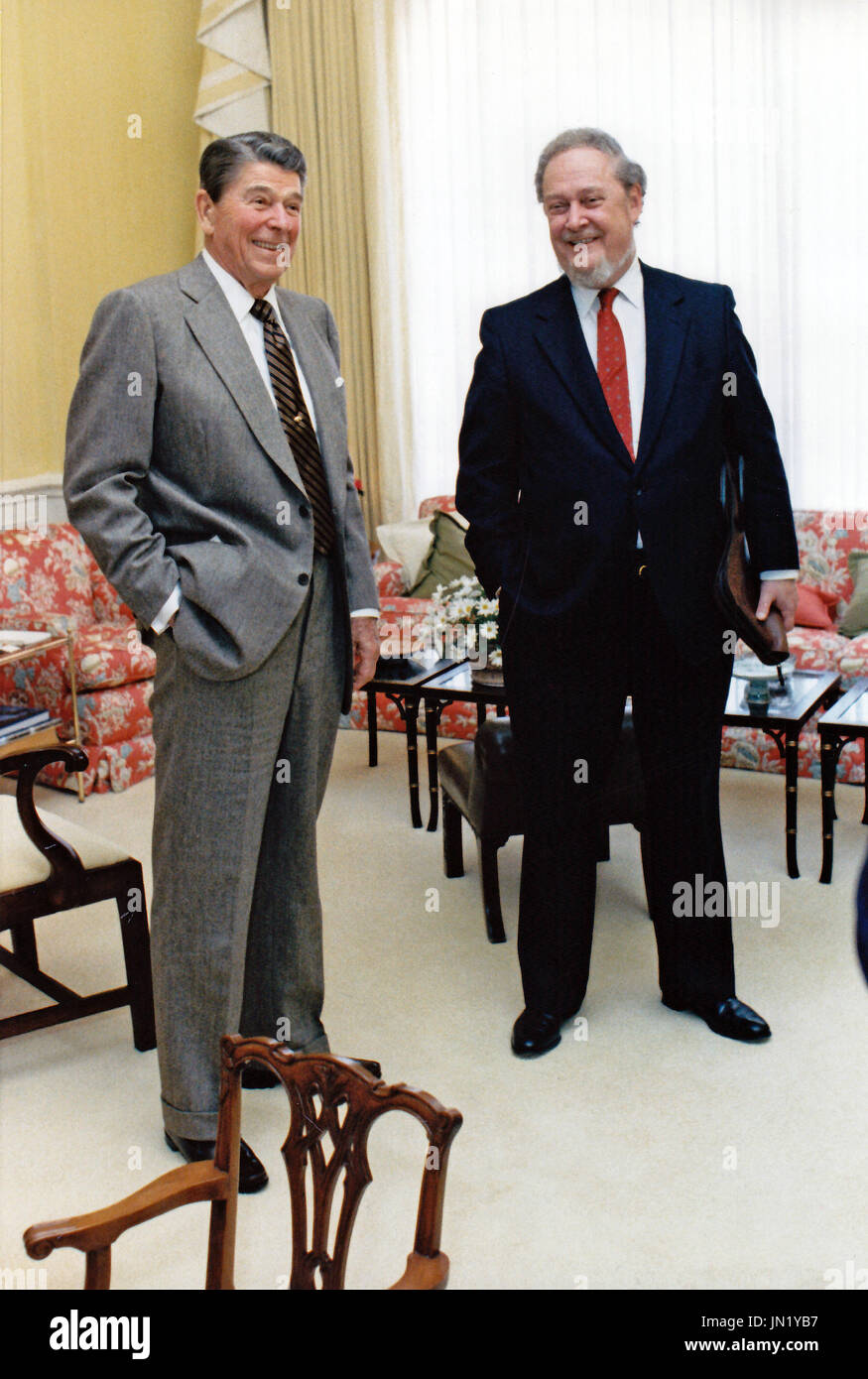 United States President Ronald Reagan, left, talks with Judge Robert H ...