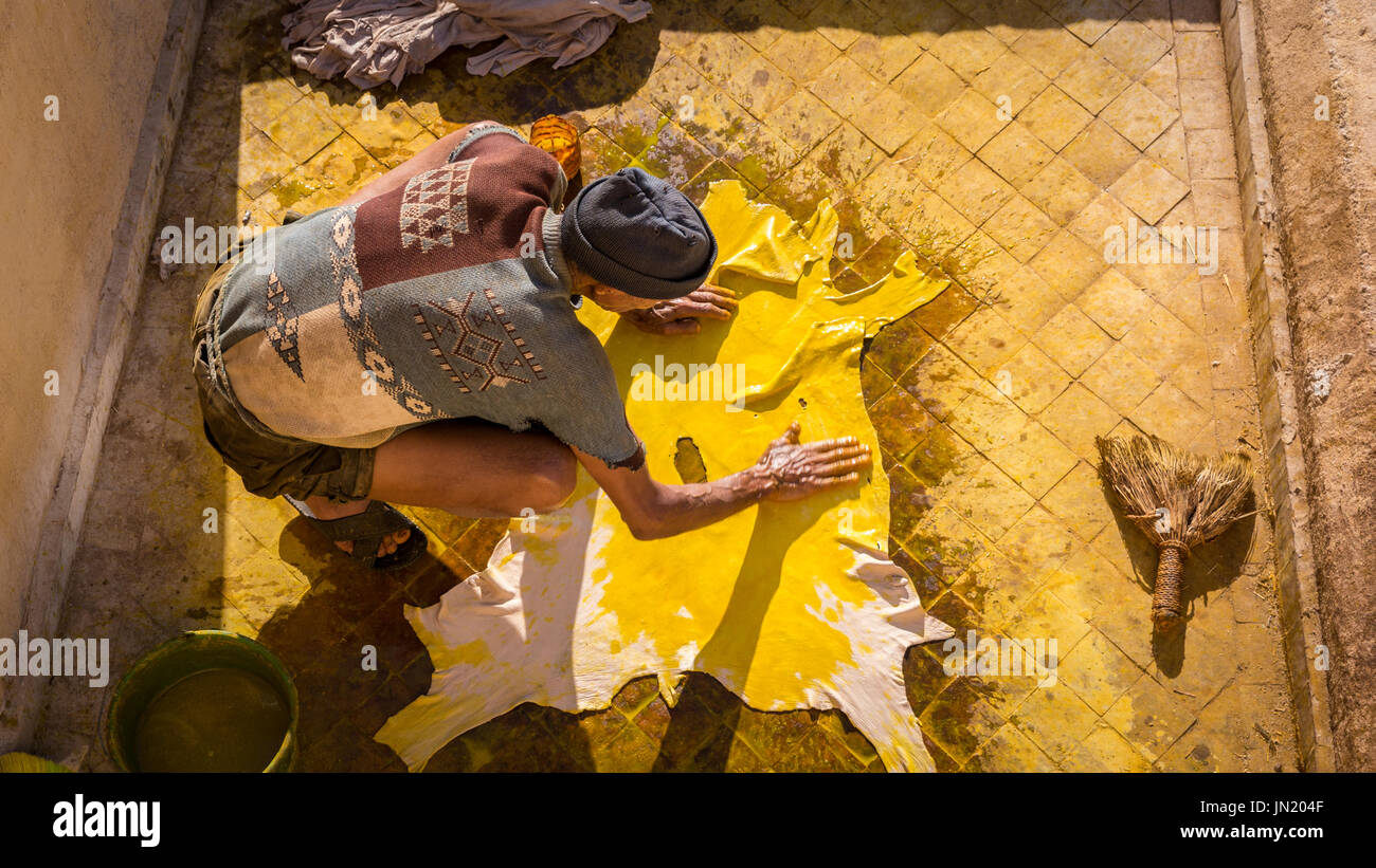 Tanning a goat hide in Morocco Stock Photo - Alamy