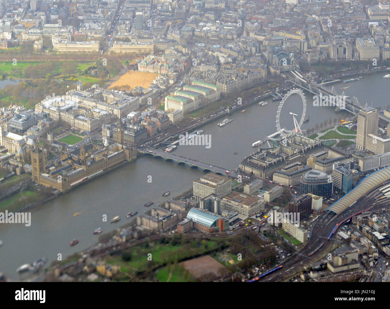 Aerial view of London from a commercial airliner on final approach into ...