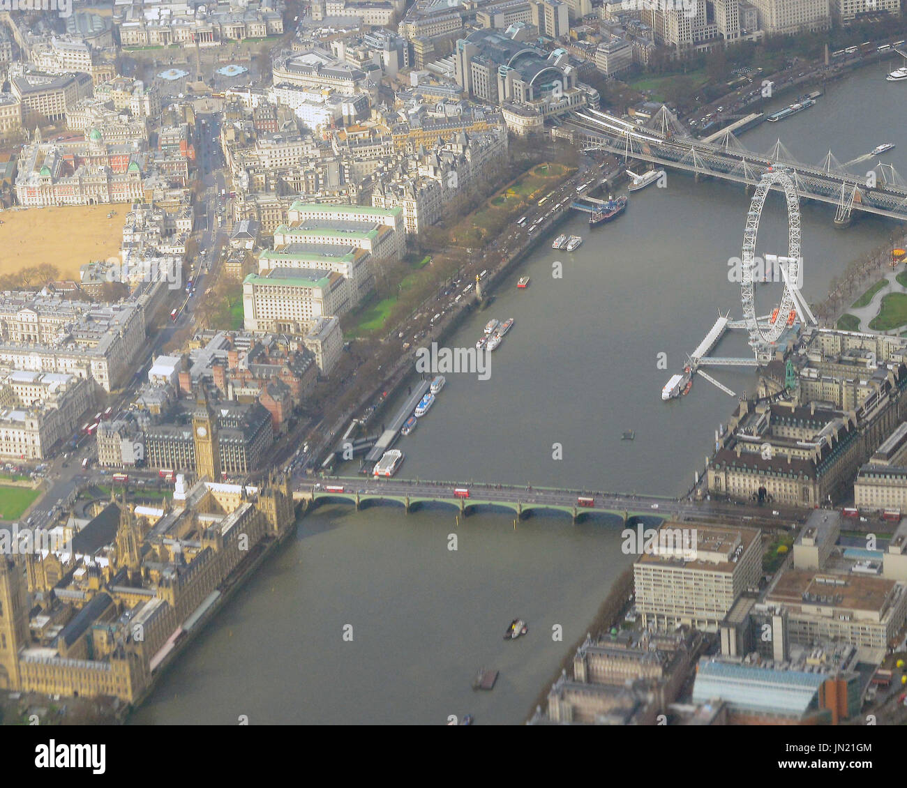 Aerial view of London from a commercial airliner on final approach into ...