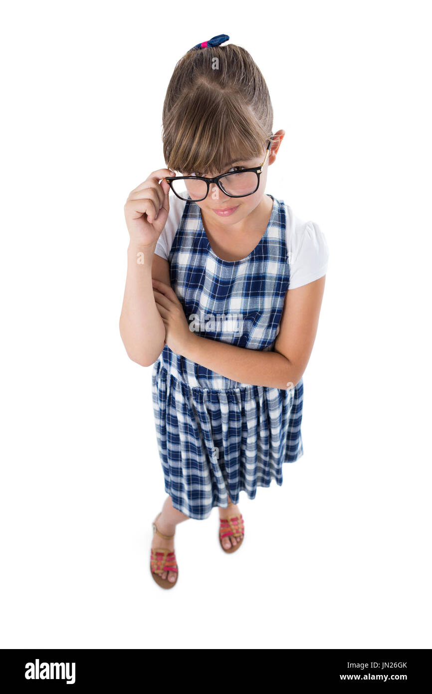 Overhead view of cute girl posing on white background Stock Photo - Alamy