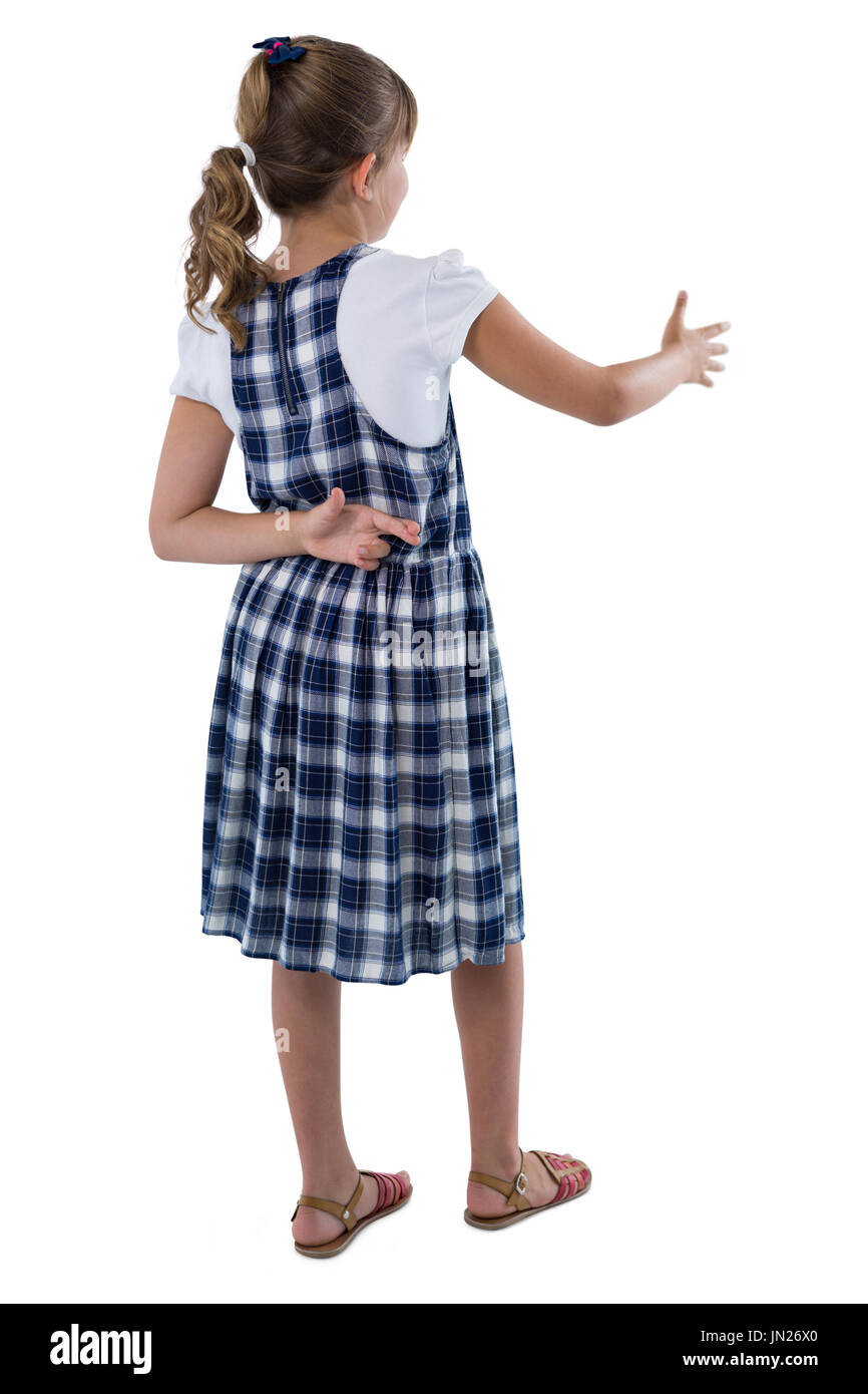 Cute girl offering handshake on white background Stock Photo - Alamy