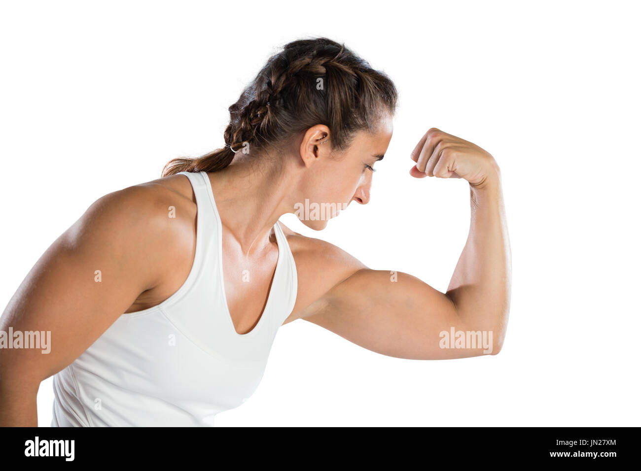 Flexing Muscles White Background Woman High Resolution Stock ...