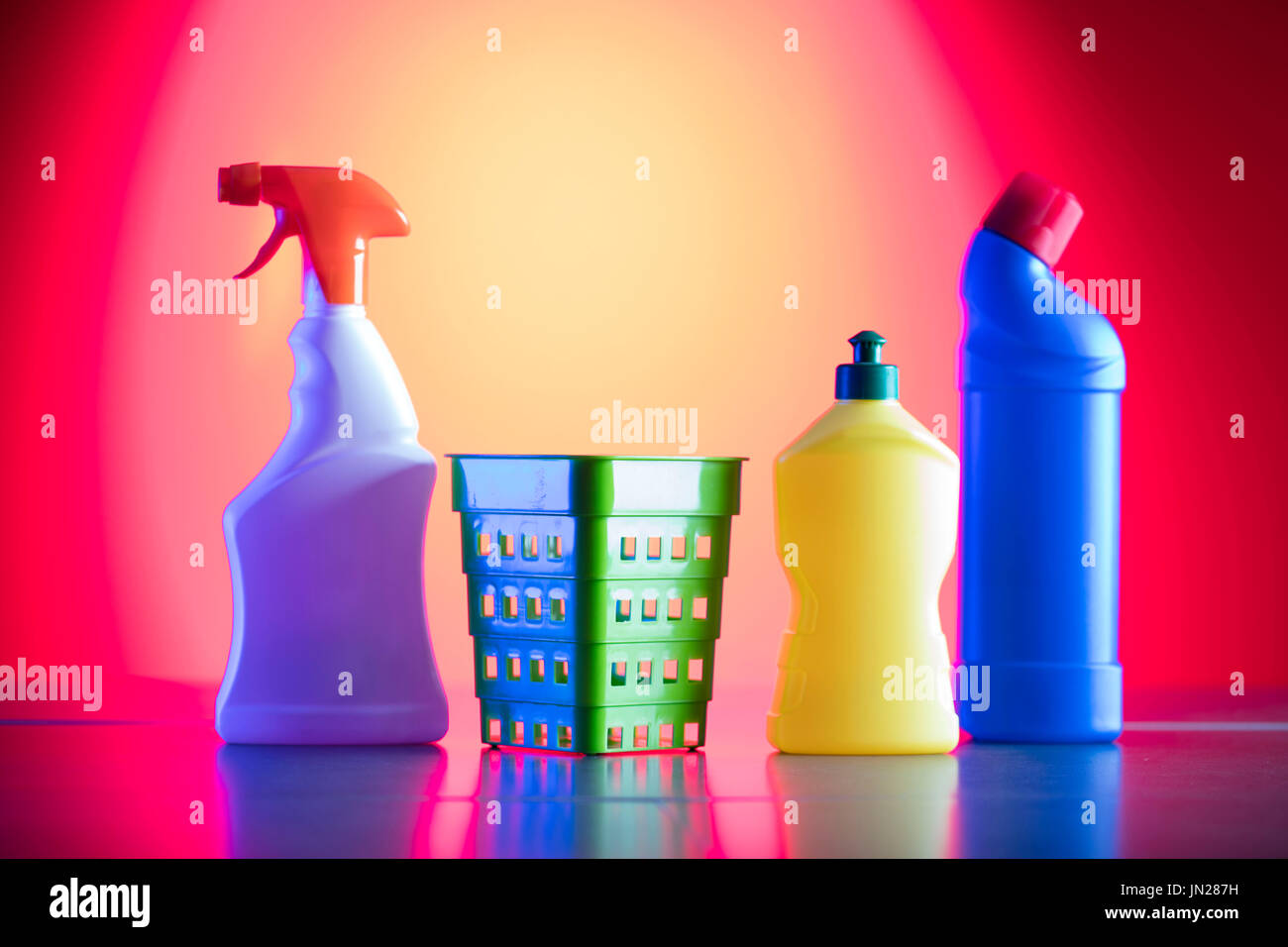 Variety of house cleaning products on a colorful background Stock Photo ...