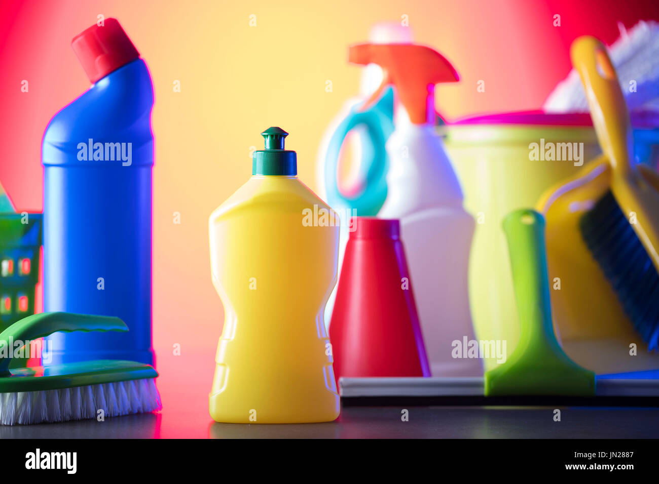 Variety of house cleaning products on a colorful background Stock Photo ...