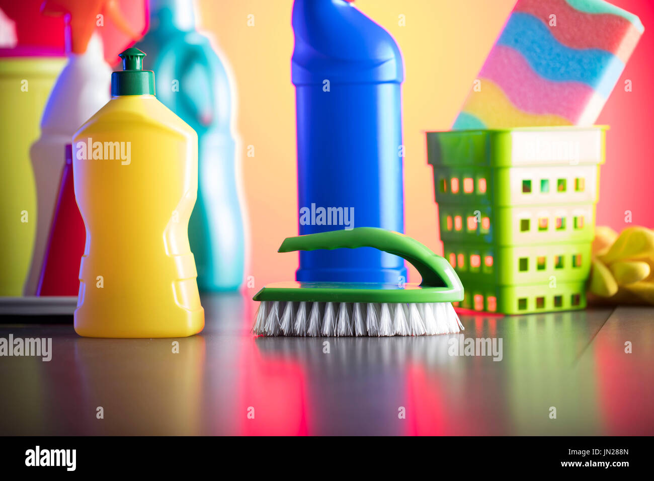 Variety of house cleaning products on a colorful background Stock Photo ...
