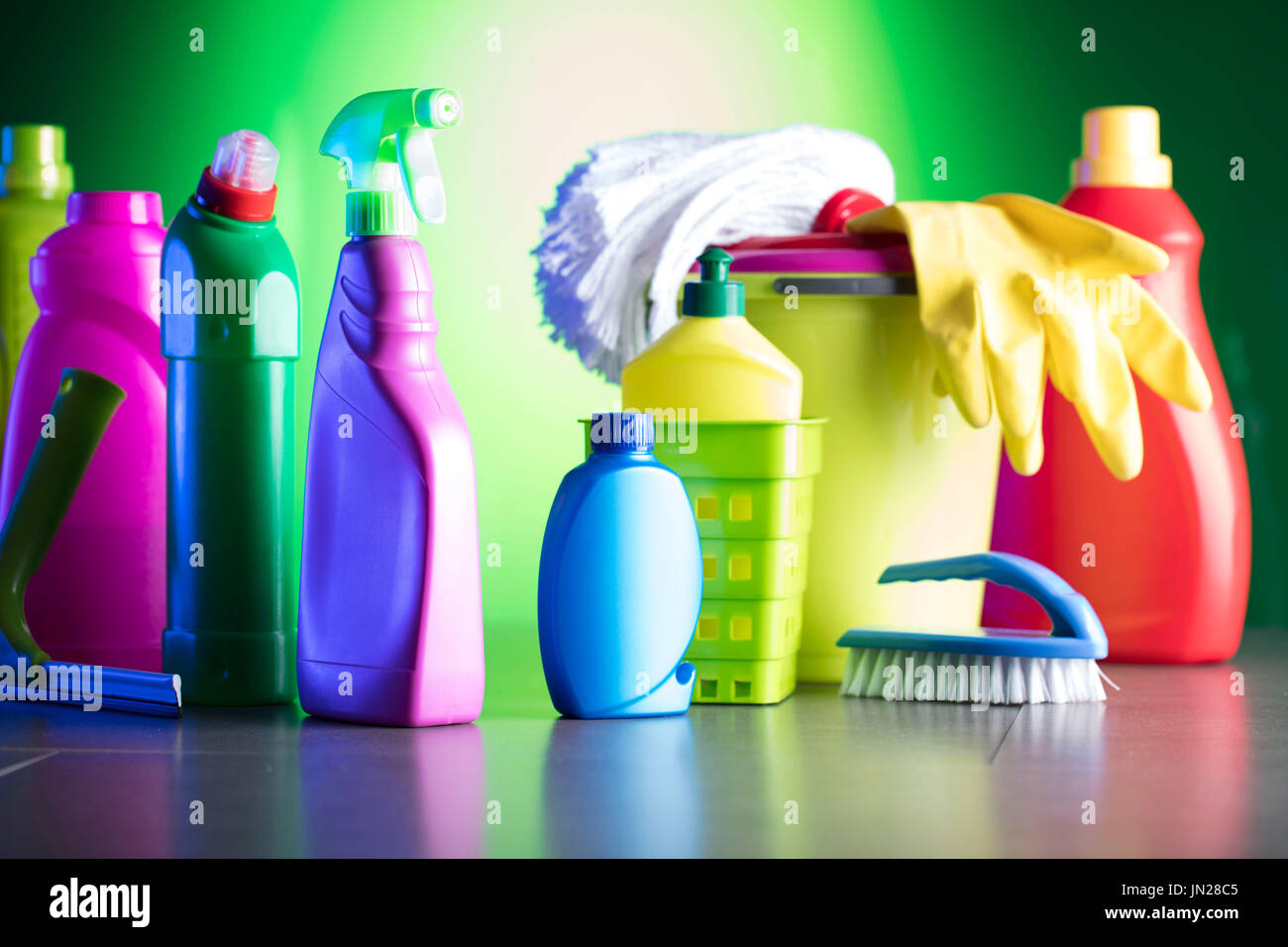 Variety of house cleaning products on a colorful background Stock Photo ...