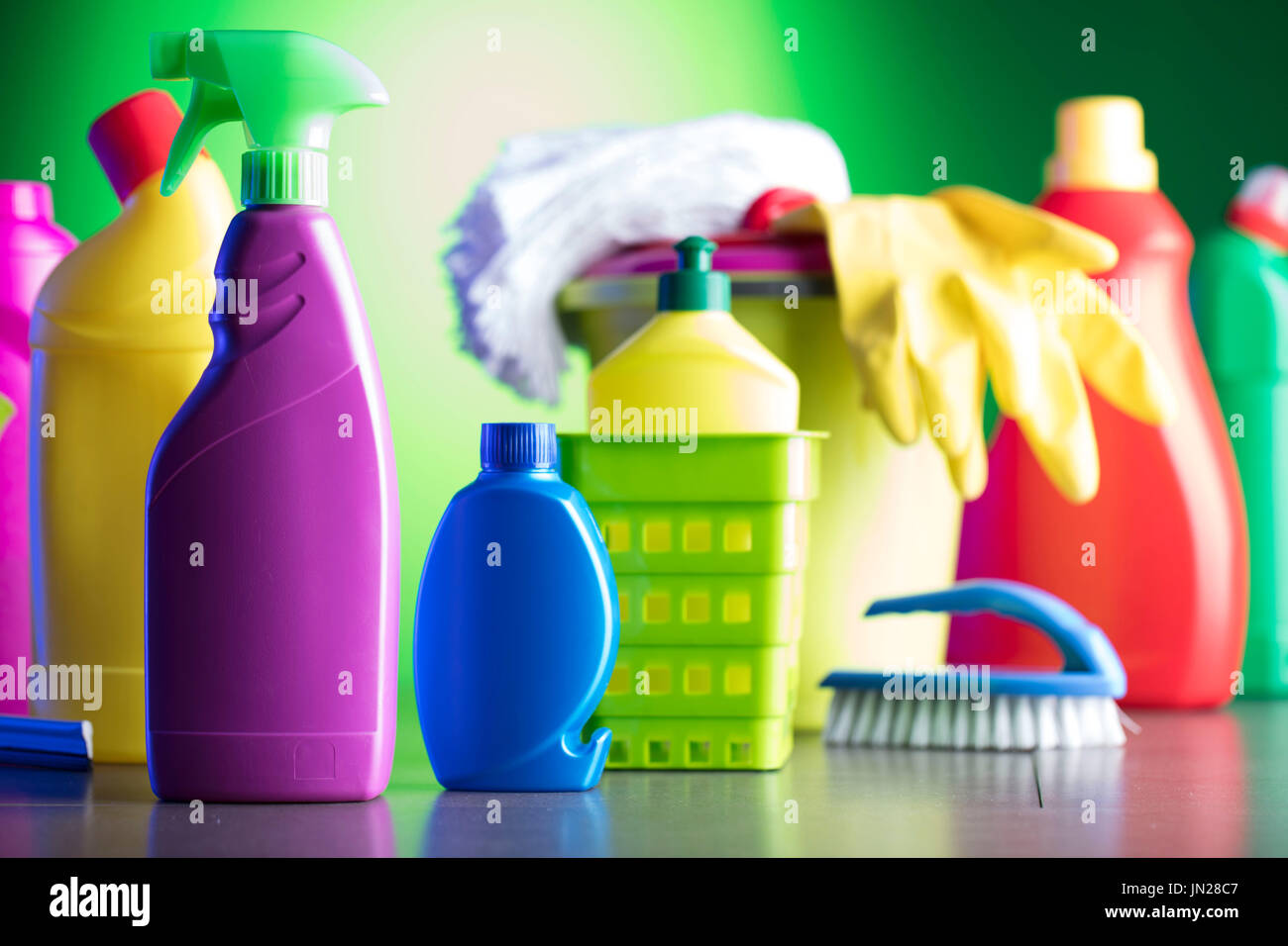 Variety of house cleaning products on a colorful background Stock Photo ...