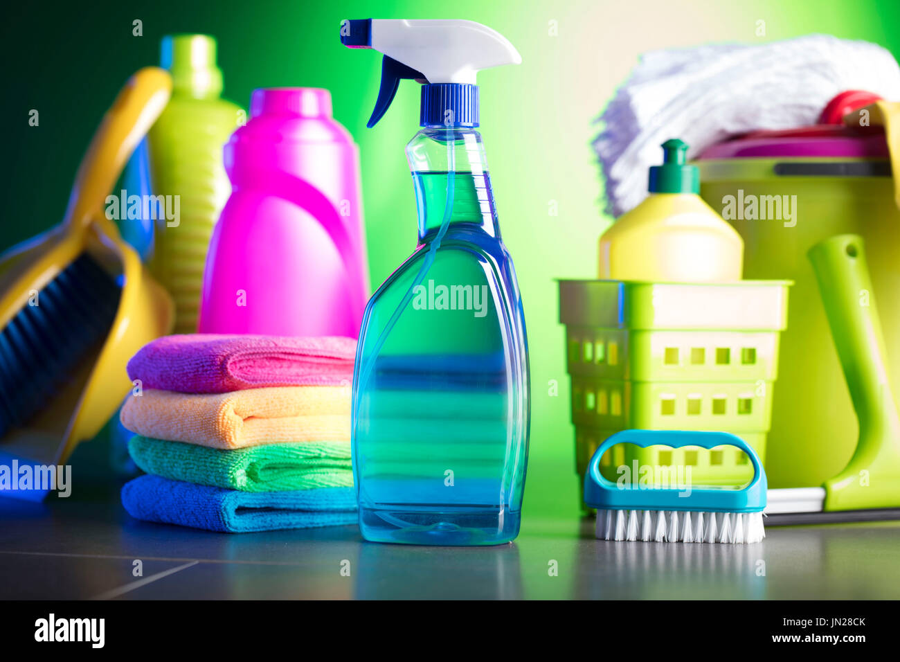 Variety of house cleaning products on a colorful background Stock Photo ...