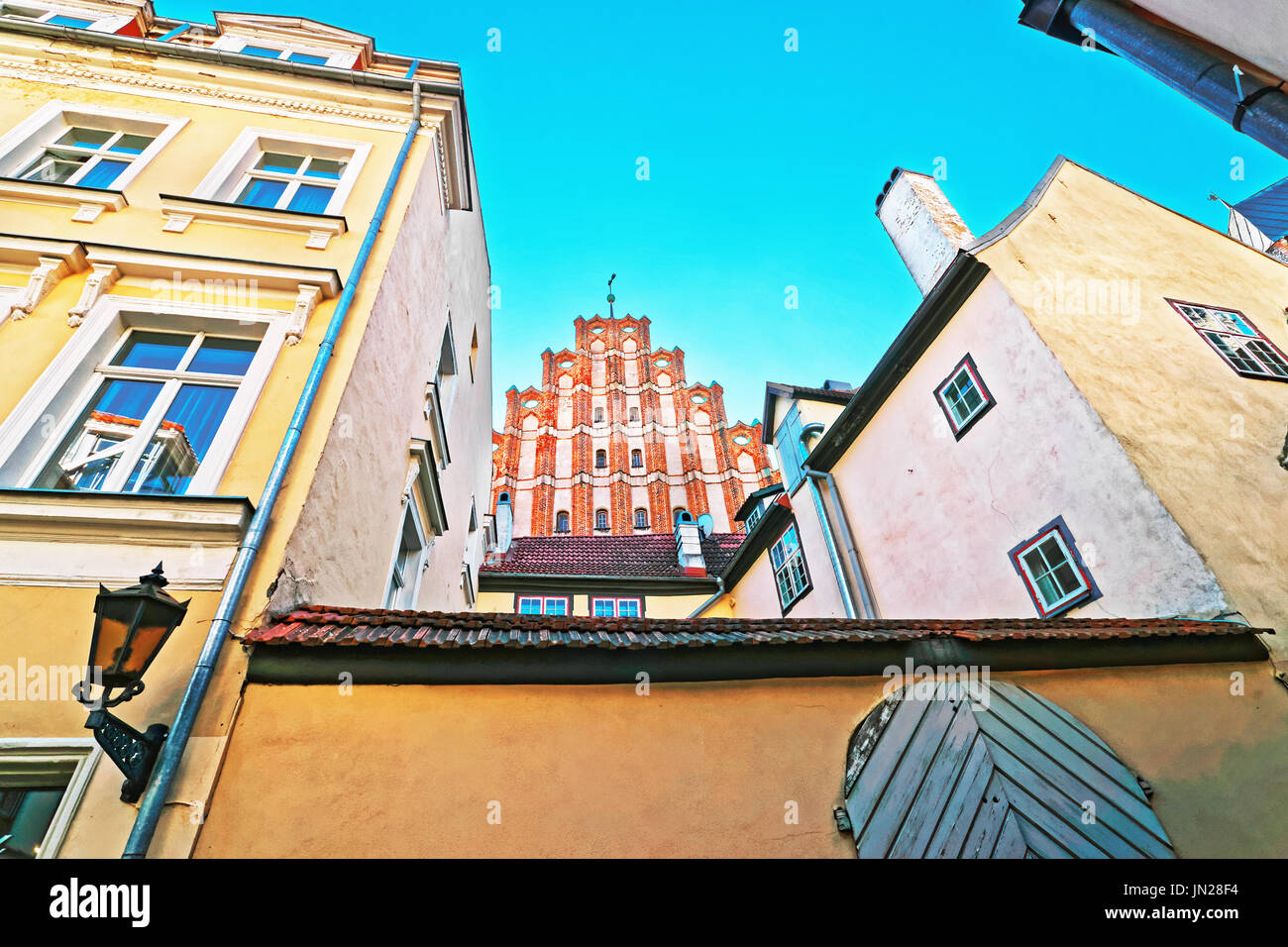 Building architecture in the historical center in the old town of Riga ...