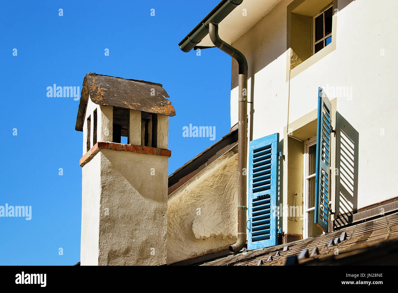 Chimney of a building at the old town of Sion, capital of Canton Valais ...