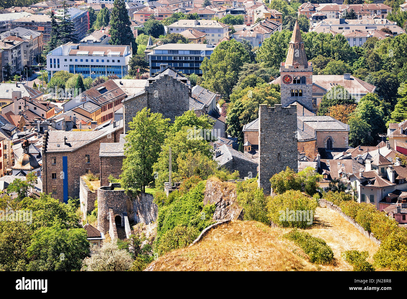 City landscape with Notre Dame Cathedral and Majorie Tower in Sion ...