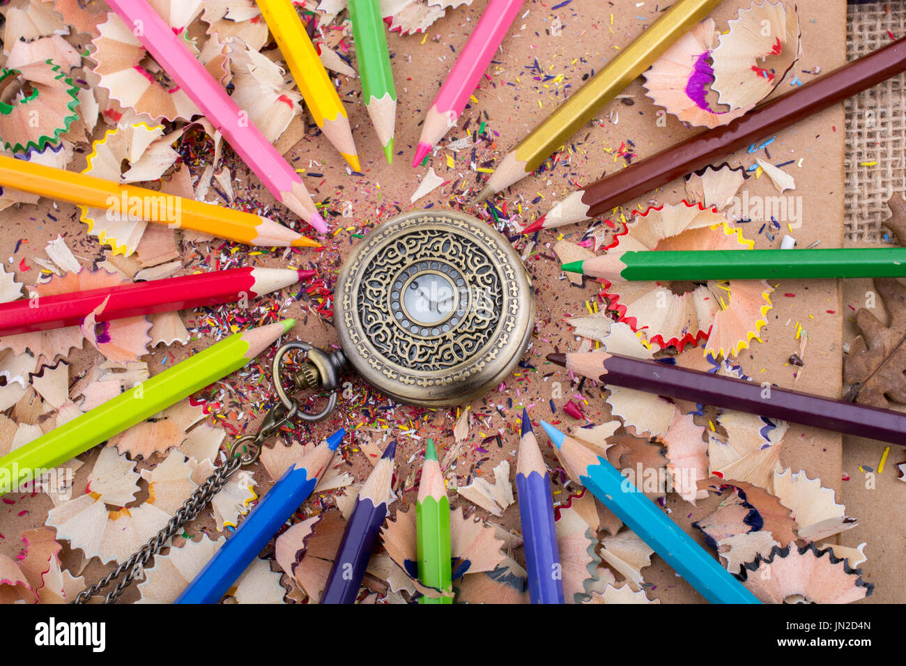 Mechanical pocket watch on pencil and shavings Stock Photo - Alamy