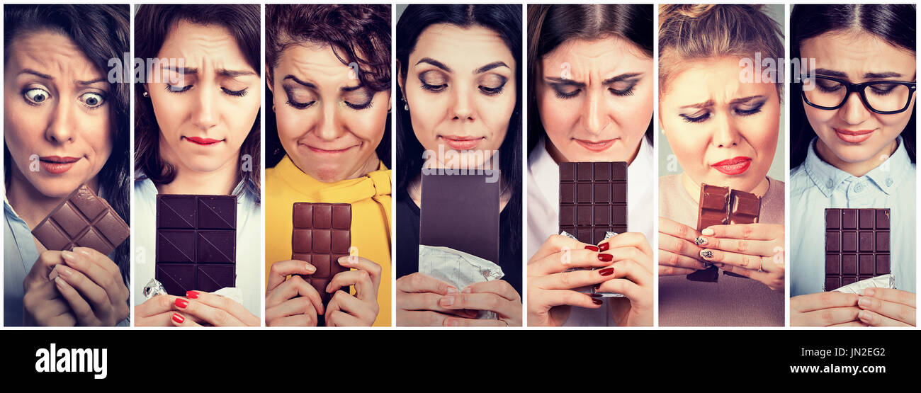 Women tired of diet restrictions craving sweets chocolate. Human face ...