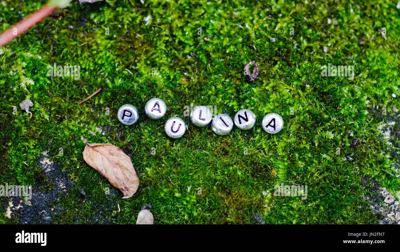 Silver inscription on the green grass. Paulina name in the forest Stock ...