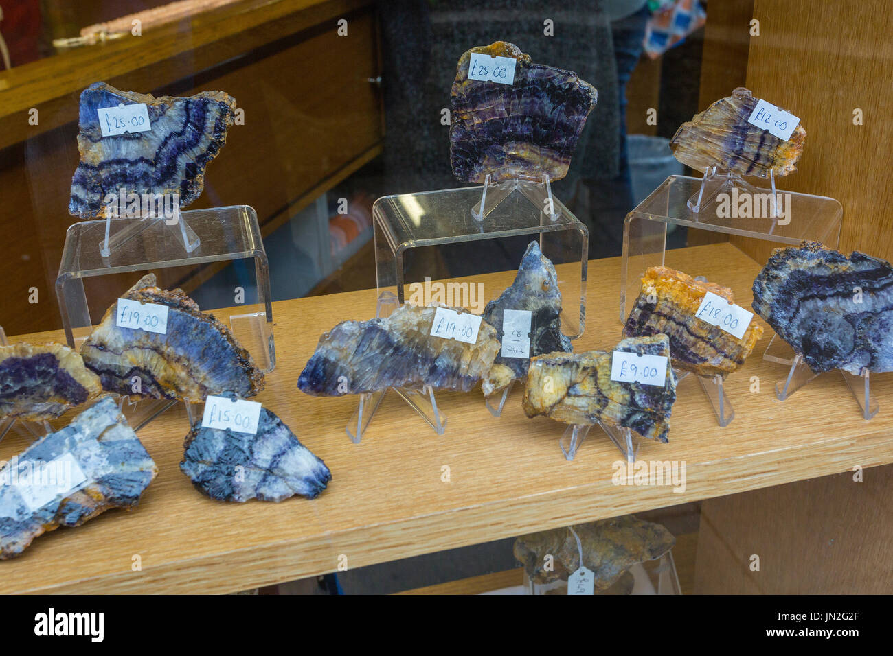 Different sizes and colours of Blue John for sale in shop at the Blue ...