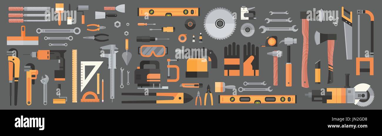 Set Of Repair And Construction Working Hand Tools, Equipment Collection ...