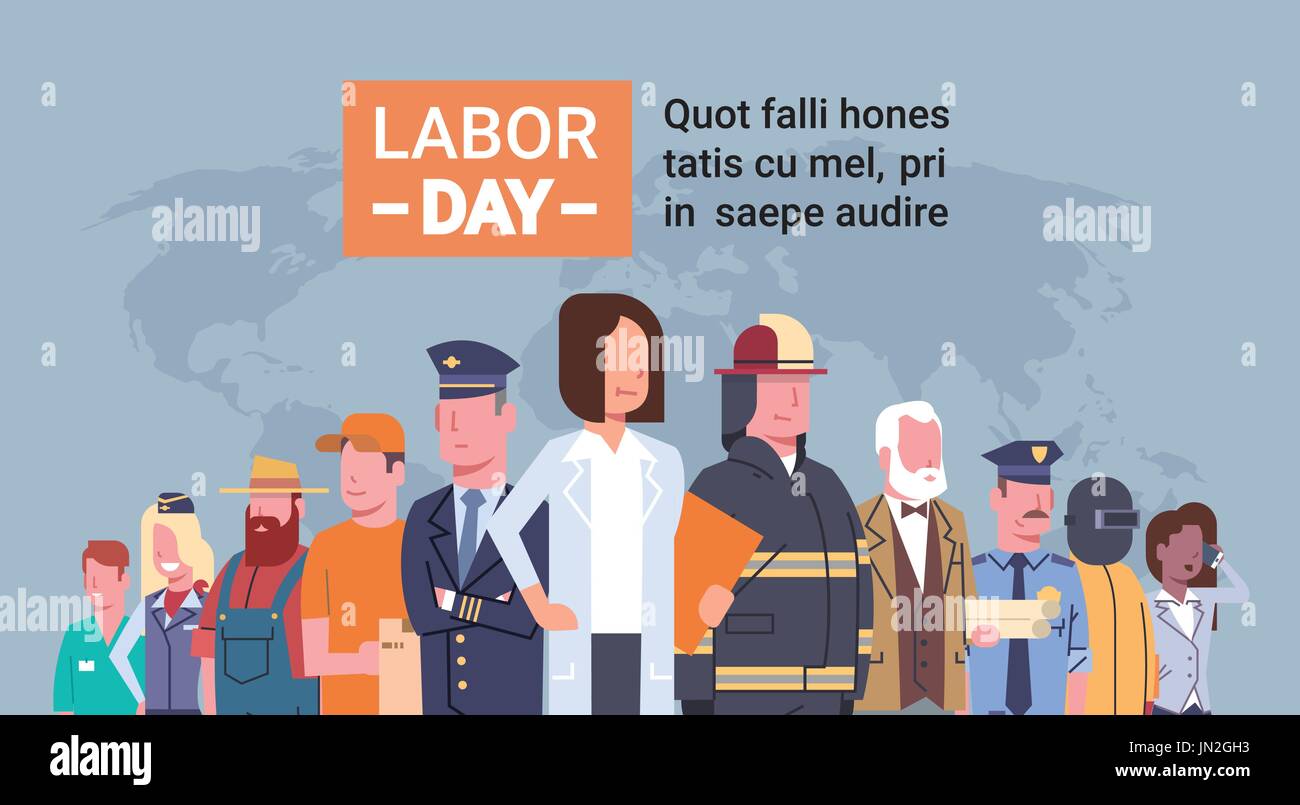 People Group Different Occupation Over World Map, International Labor ...