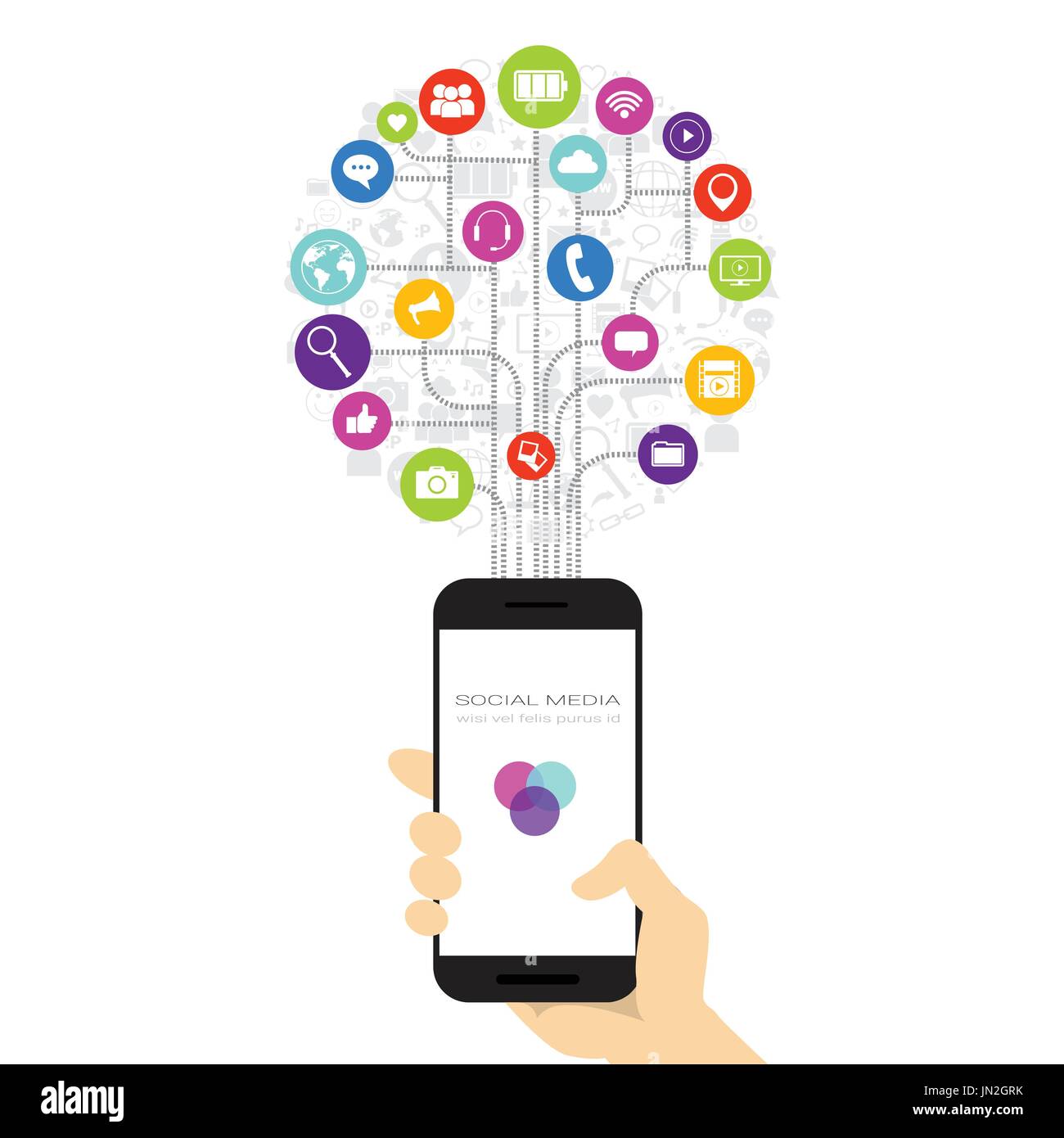 Hand Hold Cell Smart Phone With Social Media Icons Connected With Lines ...