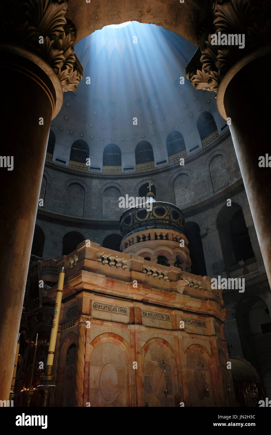 Ray of sunlight breaks through the ceiling over the Edicule, the shrine ...