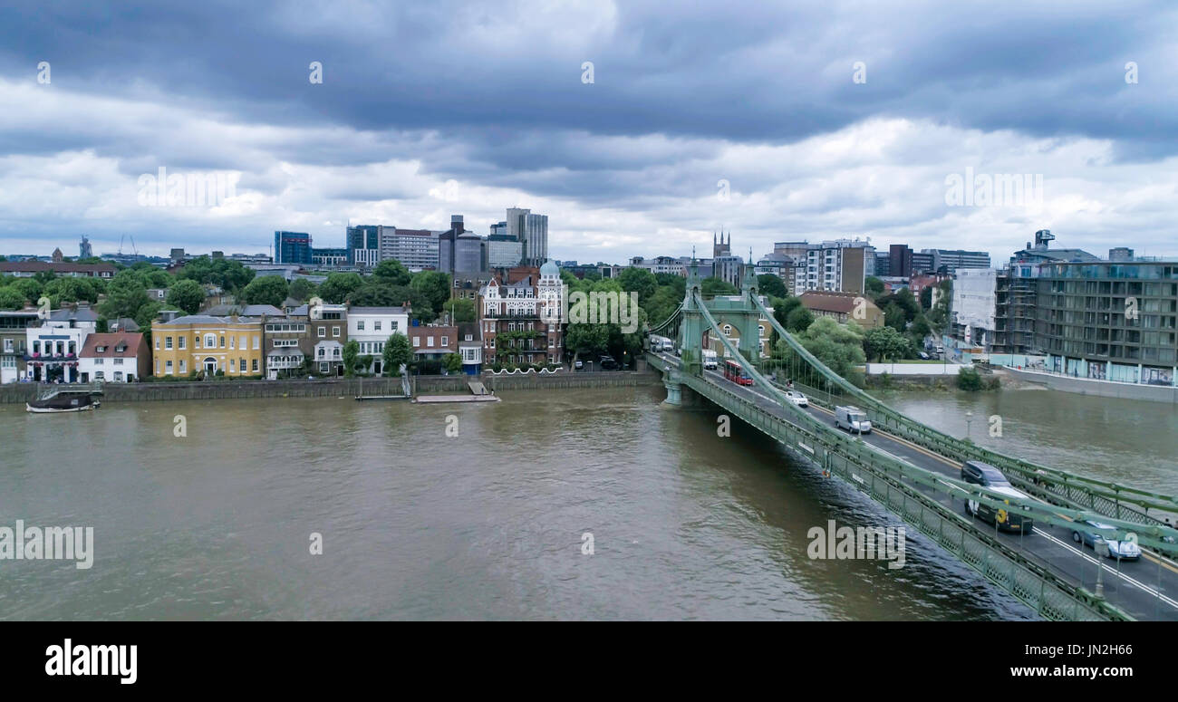 Aerial view of Hammersmith bridge and the river Thames in West London ...