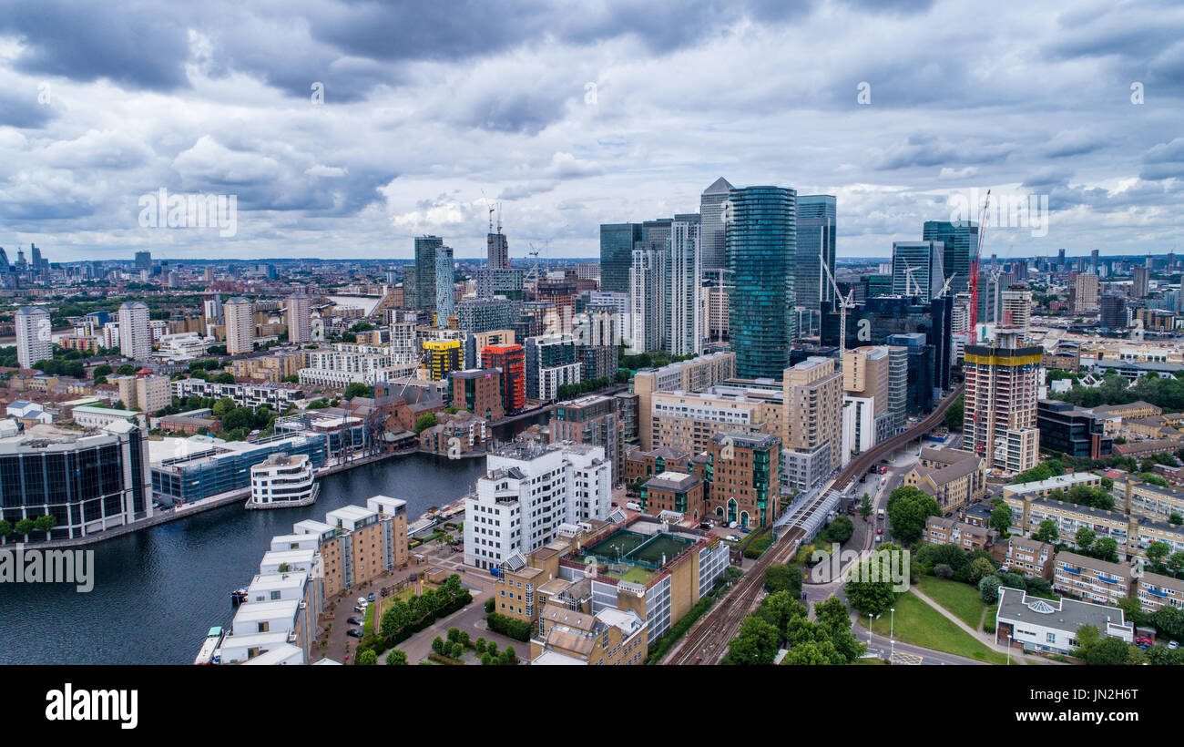 Aerial view of the financial district of the Docklands in London Stock ...