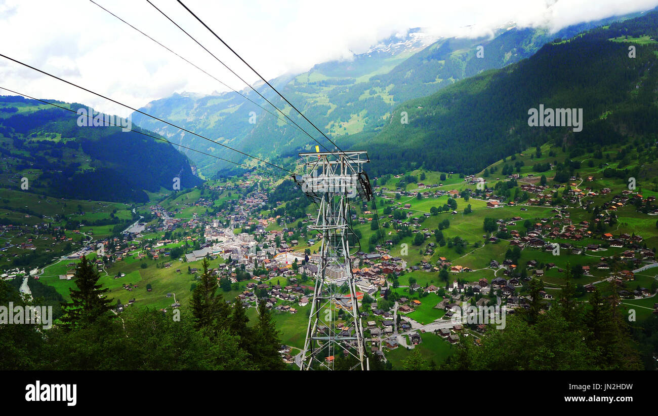 Village view from a cable car ride in the Swiss Alps, Switzerland Stock ...