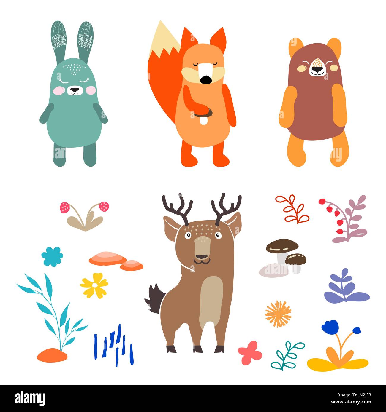 Colorful vector Illustration set with cute deer, rabbit, fox, bear and ...