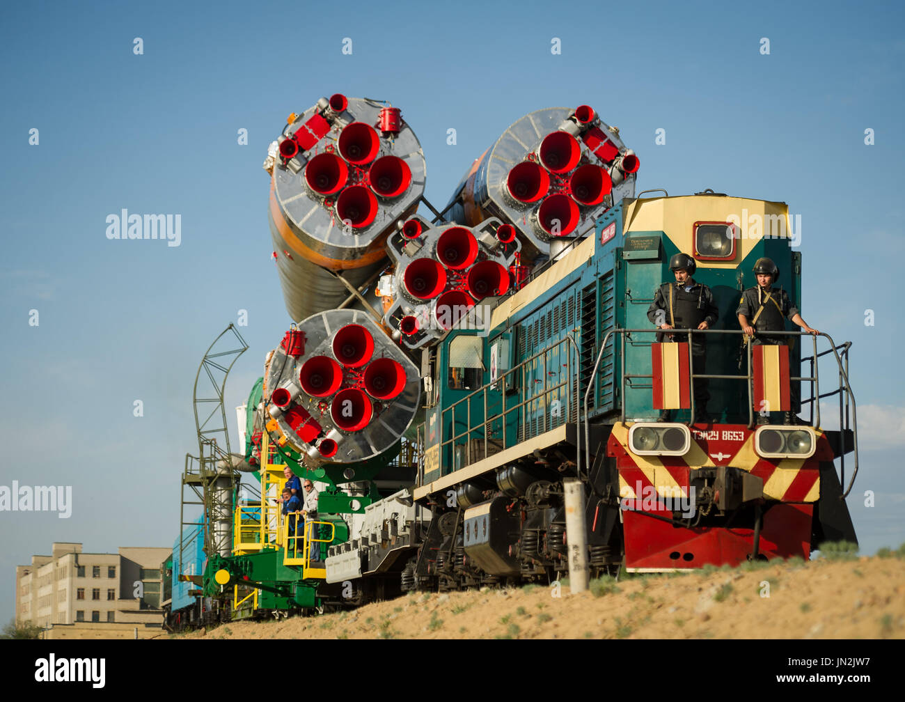 The Soyuz TMA-04M spacecraft is rolled out by train o the launch pad at ...