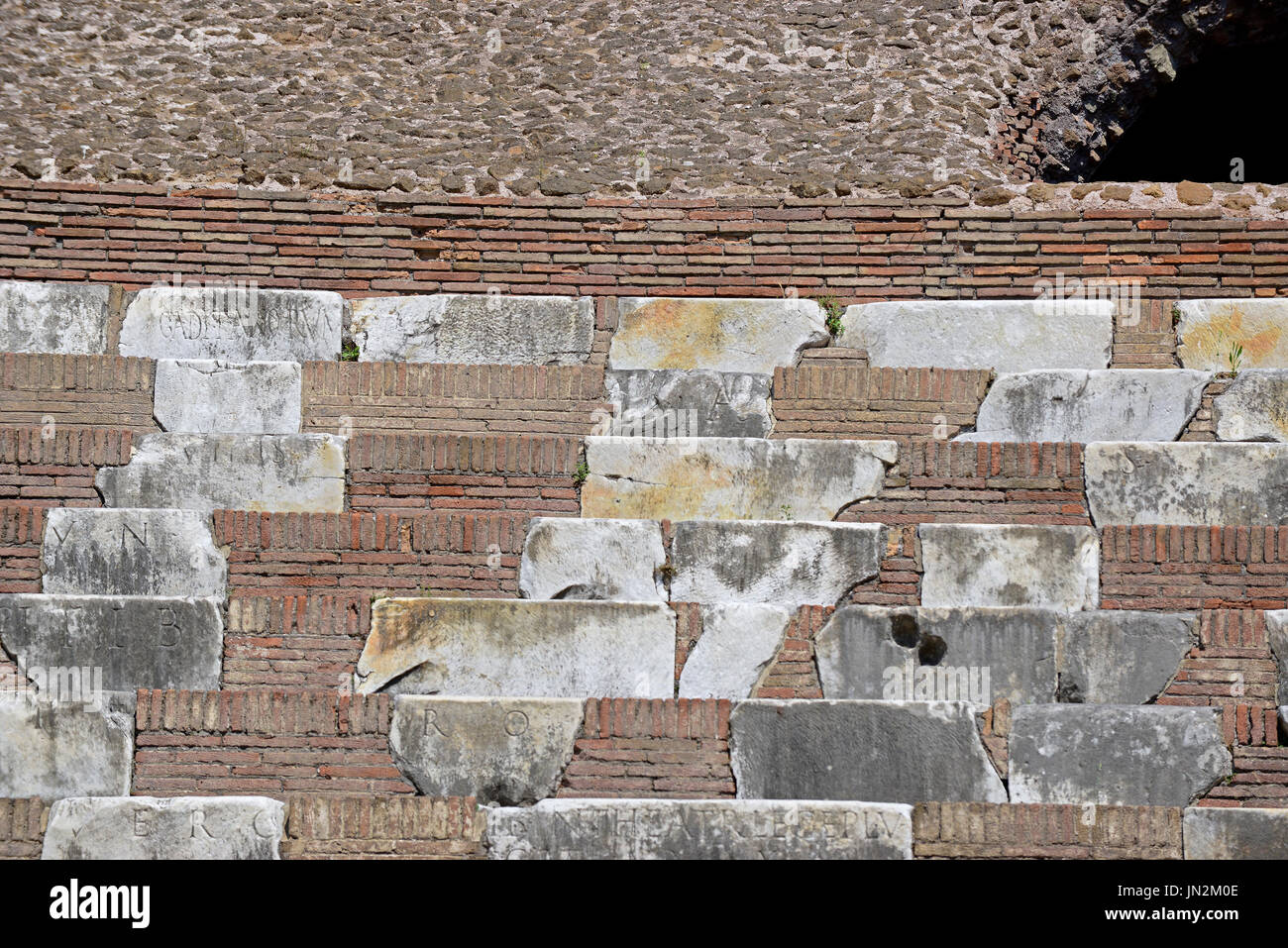 Detail of the restored seating area at the Colosseum, also known as the ...