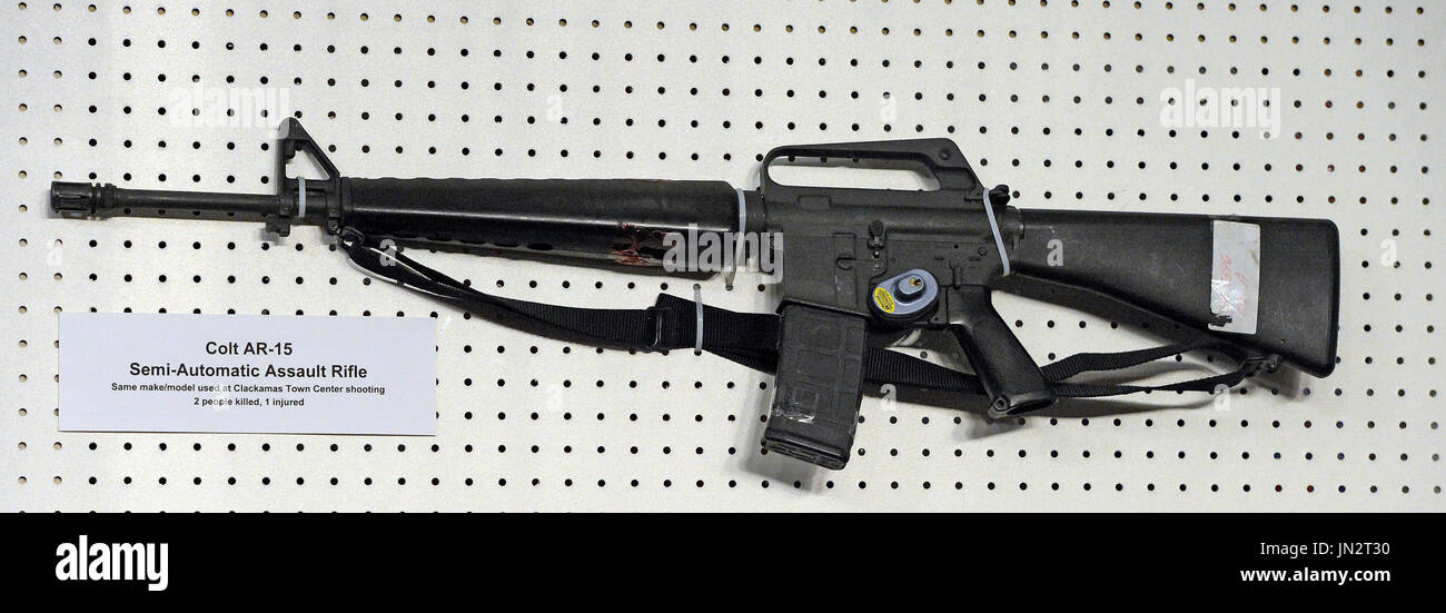 A Colt AR-15 Semi-Automatic Assault Rifle displayed at the press ...