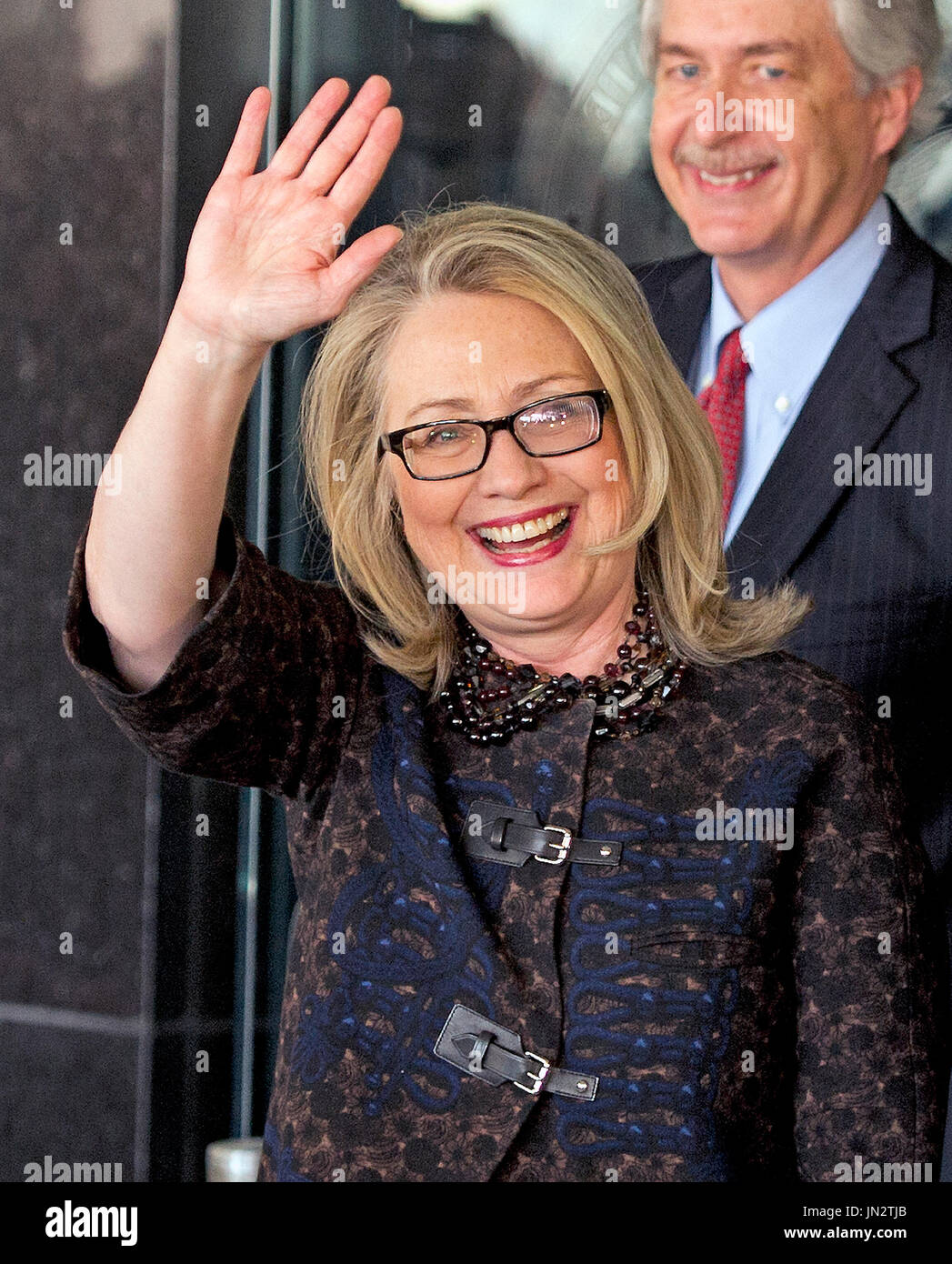 United States Secretary of State Hillary Rodham Clinton waves as she ...