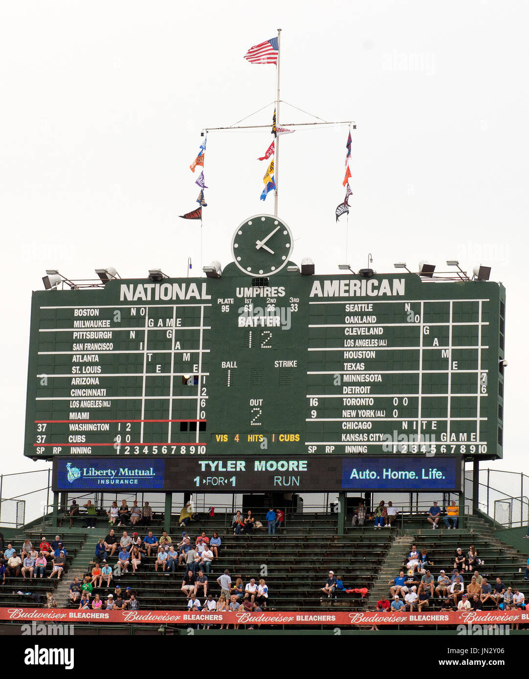 View of the iconic, hand-operated scoreboard at Wrigley Field during ...
