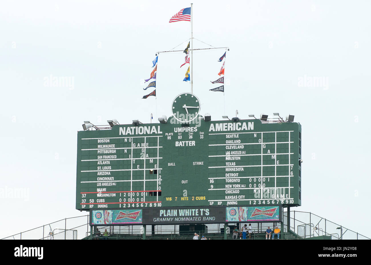 View of the iconic, hand-operated scoreboard at Wrigley Field during ...