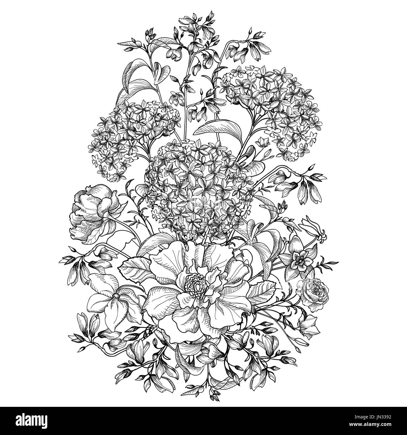 Flower bouquet. Floral frame. Flourish bouquet card. Summer engraving ...