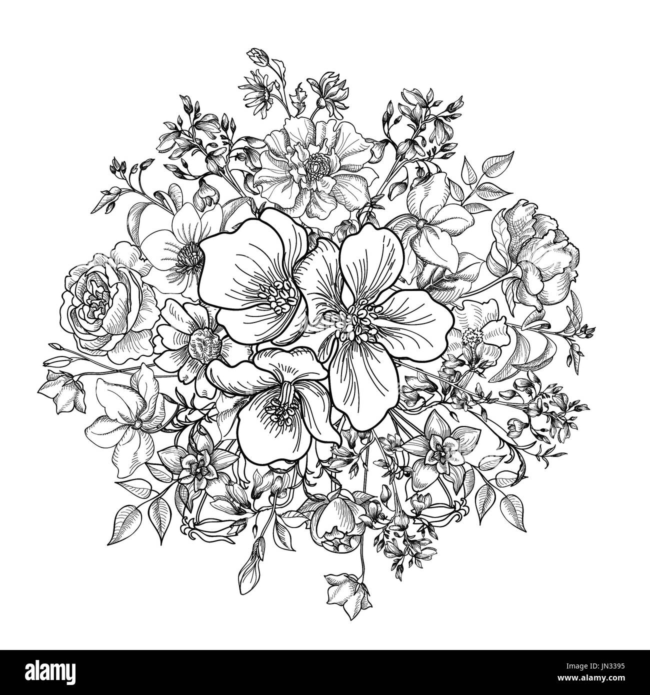 Flower bouquet. Floral frame. Flourish bouquet card. Summer engraving ...