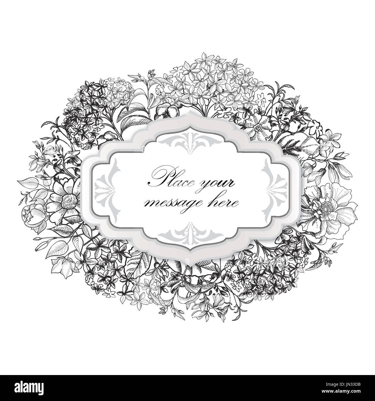Flower bouquet. Floral frame. Flourish bouquet card. Summer engraving ...