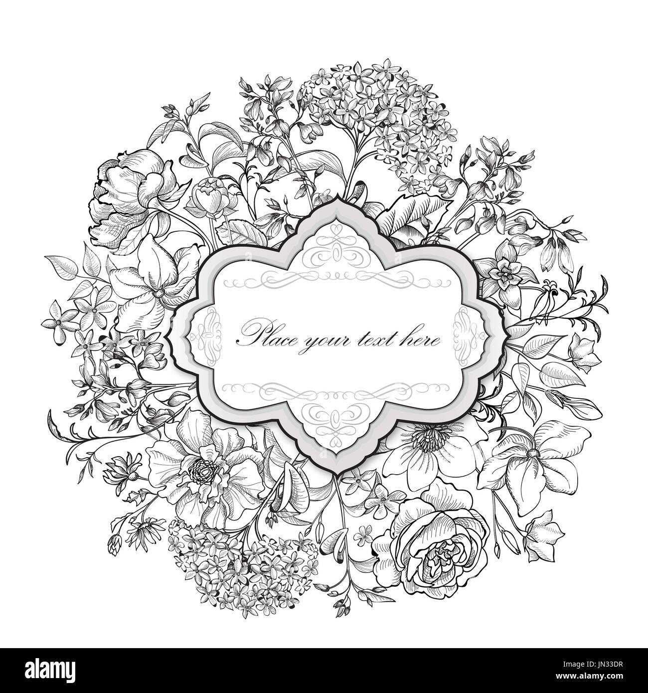 Flower bouquet. Floral frame. Flourish bouquet card. Summer engraving ...