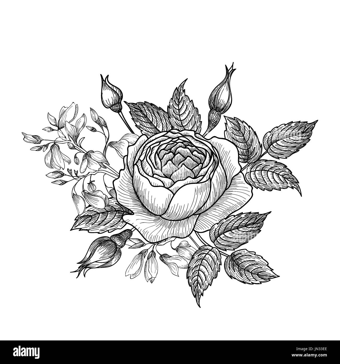 Flower bouquet. Floral frame. Flourish bouquet card. Summer engraving ...