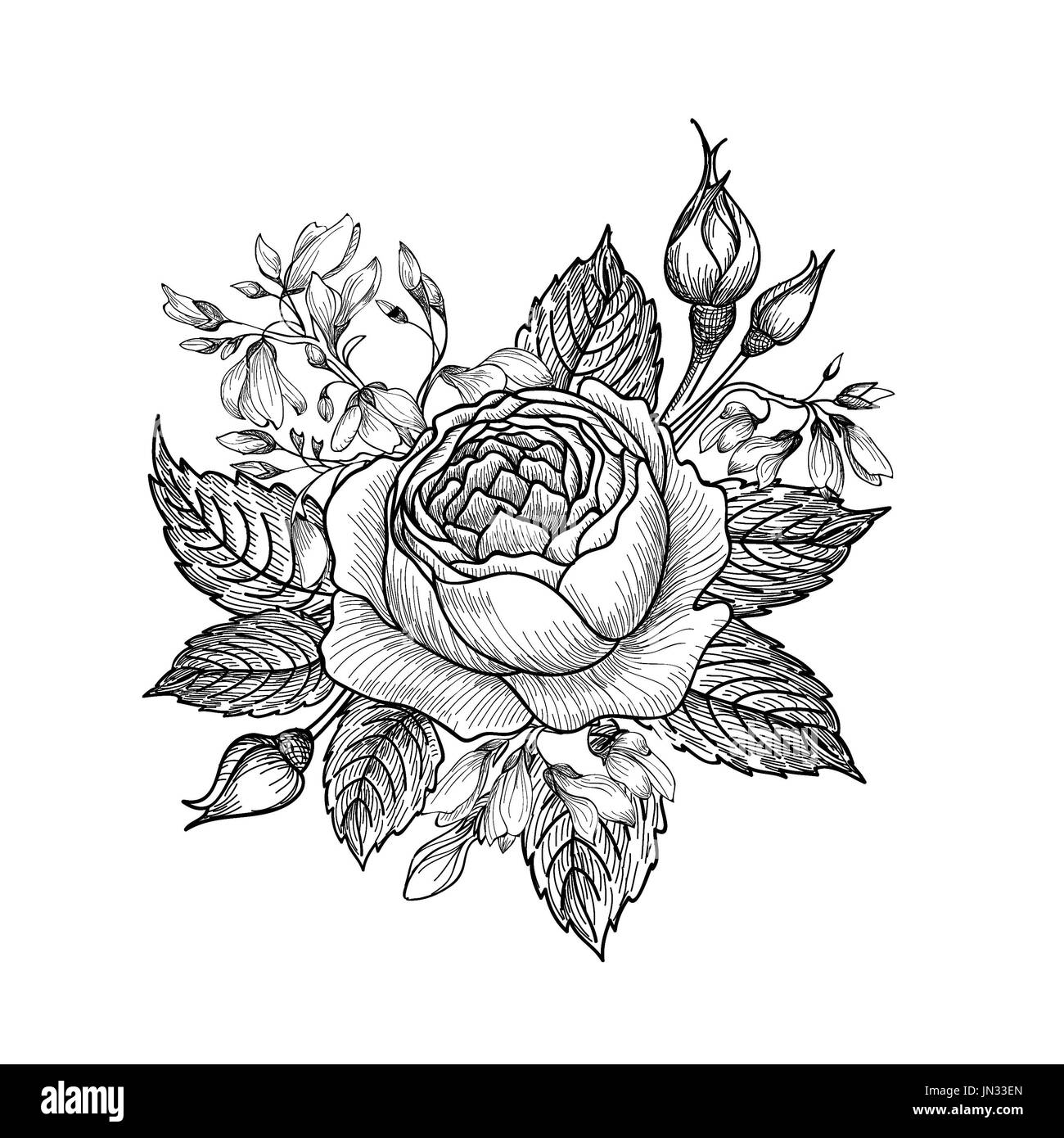 Flower bouquet. Floral frame. Flourish bouquet card. Summer engraving ...