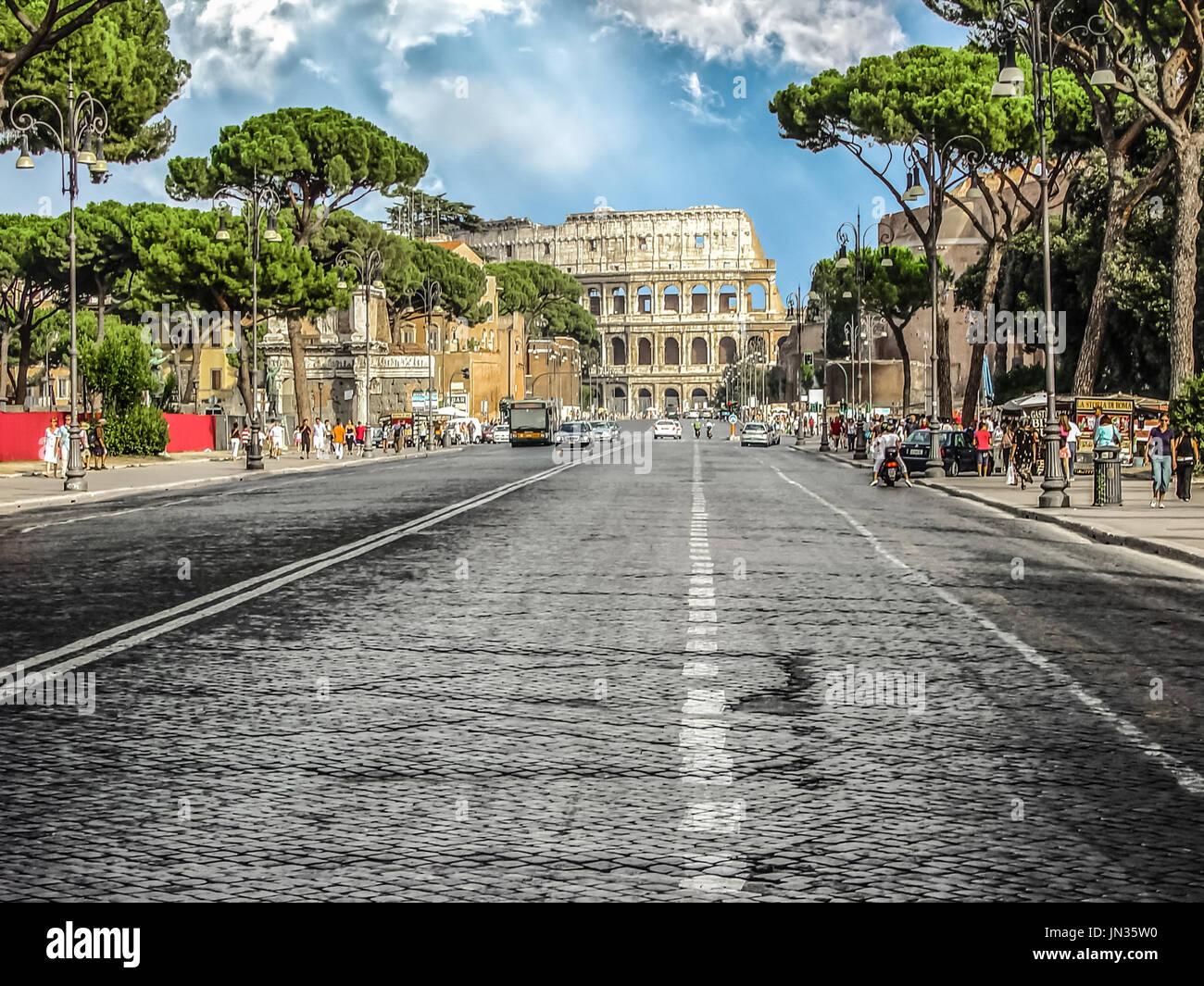 The Roman Colosseum taken from a distance in the middle of a very wide ...