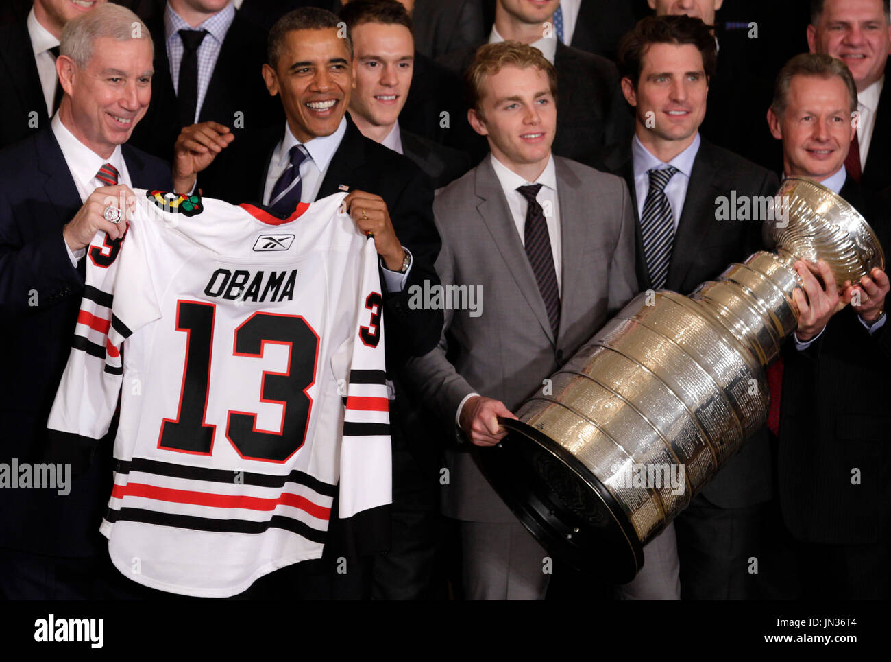 United States President Barack Obama holds a jersey as he honors the ...