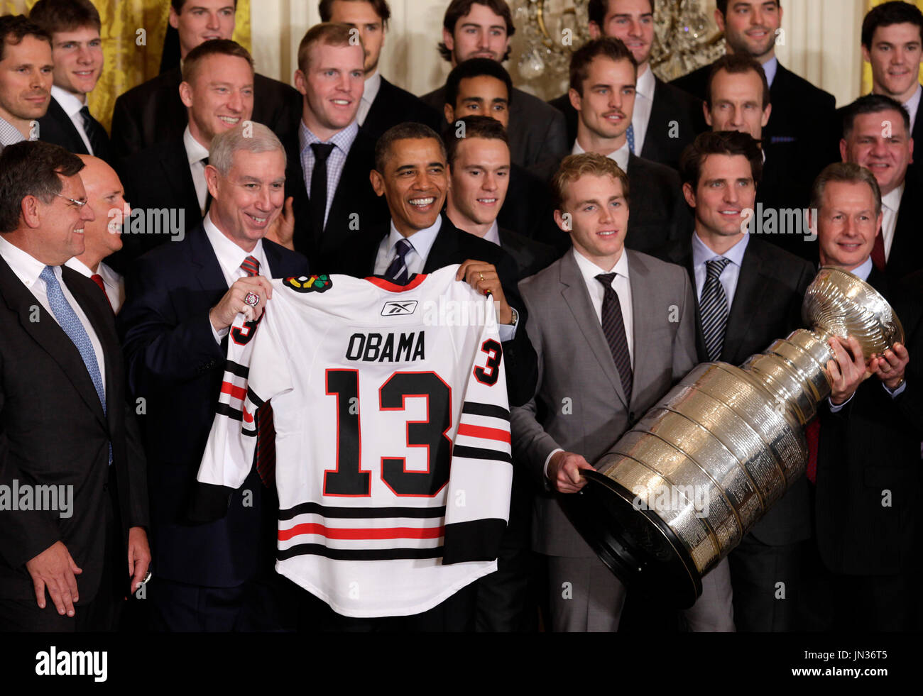 United States President Barack Obama holds a jersey as he honors the ...