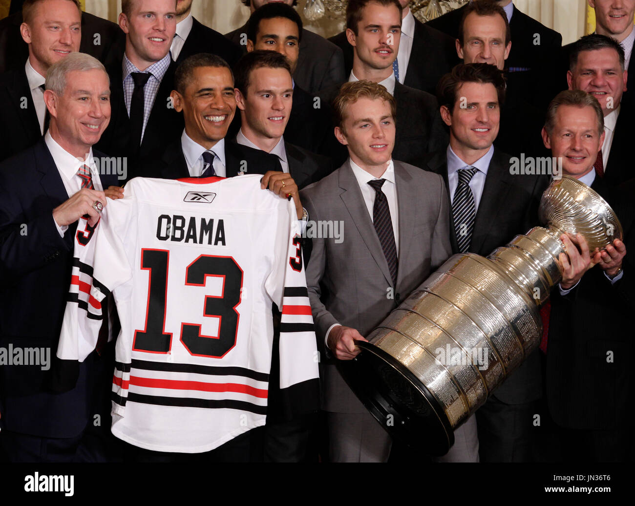 United States President Barack Obama holds a jersey as he honors the ...
